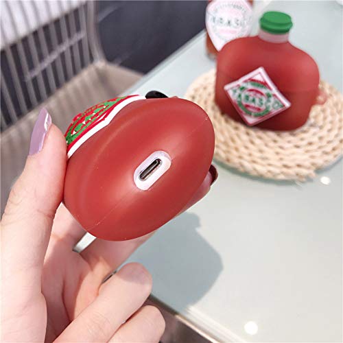 Ultra Thick Soft Silicone Case for Apple AirPods Pro 2019 with Keychain Hook Hot Pepper Sauce Red Bottle 3D Cartoon Food Shaped Cute Lovely Fun Funny Unique Creative Cool Kids Girls Women