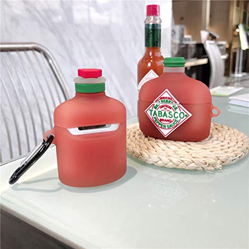 Ultra Thick Soft Silicone Case for Apple AirPods Pro 2019 with Keychain Hook Hot Pepper Sauce Red Bottle 3D Cartoon Food Shaped Cute Lovely Fun Funny Unique Creative Cool Kids Girls Women