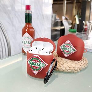 Ultra Thick Soft Silicone Case for Apple AirPods Pro 2019 with Keychain Hook Hot Pepper Sauce Red Bottle 3D Cartoon Food Shaped Cute Lovely Fun Funny Unique Creative Cool Kids Girls Women