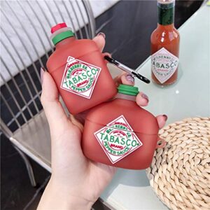 Ultra Thick Soft Silicone Case for Apple AirPods Pro 2019 with Keychain Hook Hot Pepper Sauce Red Bottle 3D Cartoon Food Shaped Cute Lovely Fun Funny Unique Creative Cool Kids Girls Women