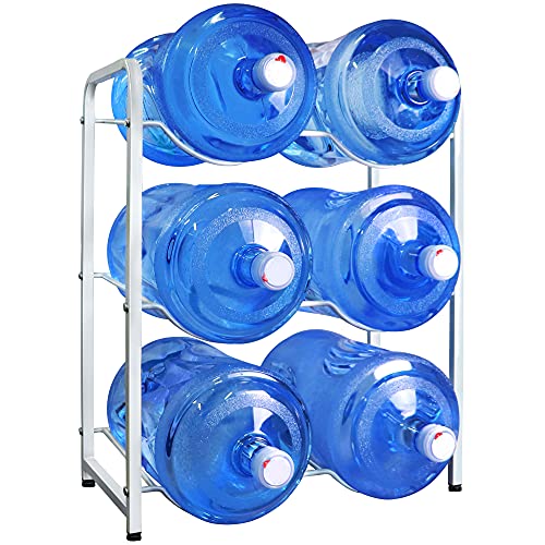 5 Gallon Water Cooler Jug Rack,3-Tier Water Bottle Holder for 6 Bottles,Heavy Duty Water Jug Storage Shelf of Carbon Steel,Detachable Water Jug Organizer Floor Protection for Home Office （White）