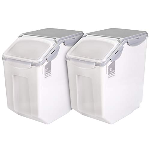 Yarlung 2 Pack Large Rice Storage Containers with Wheels, Plastic Dry Food Storage Boxes with Seal Locking Lid for Flour, Sugar, Kitchen, Pantry (30lb/500oz/70cup)