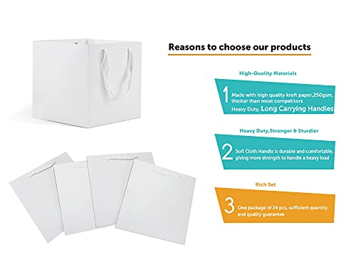 HUAPRINT White Paper Bags with handles,Gift Bags Bulk 24 Pack,10x10x10inch Square Size Large,Paper Shopping Bags, Kraft, Party, Birthday,Favor, Goody, Take-Out, Merchandise, Retail Bags