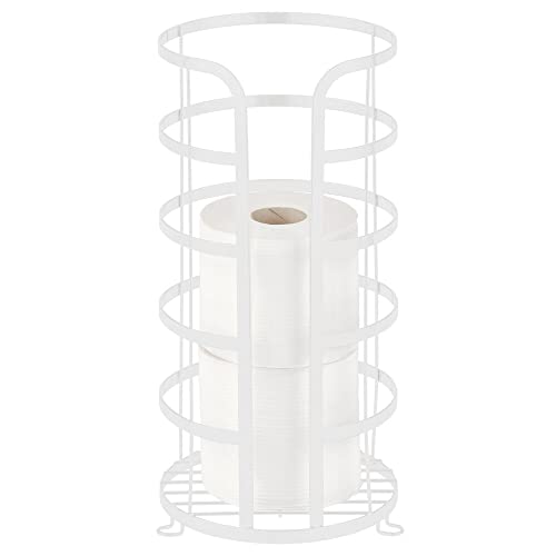 mDesign Decorative Metal Free Standing Toilet Paper Holder Stand with Storage for 3 Rolls of Toilet Tissue - for Bathroom/Powder Room - Holds Mega Rolls - White