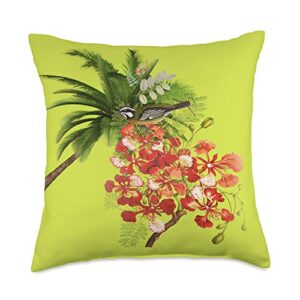 spindalis bird flamboyan tree of puerto rico national bird of puerto rico throw pillow, 18x18, multicolor