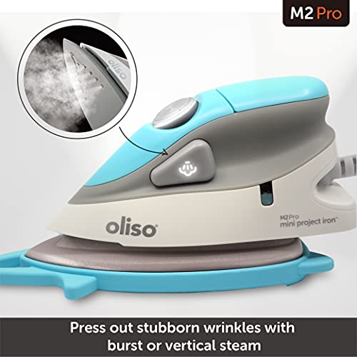 Oliso M2 Mini Project Steam Iron with Solemate - for Sewing, Quilting, Crafting, and Travel | 1000 Watt Dual Voltage Ceramic Soleplate Steam Iron, Turquoise