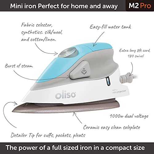 Oliso M2 Mini Project Steam Iron with Solemate - for Sewing, Quilting, Crafting, and Travel | 1000 Watt Dual Voltage Ceramic Soleplate Steam Iron, Turquoise