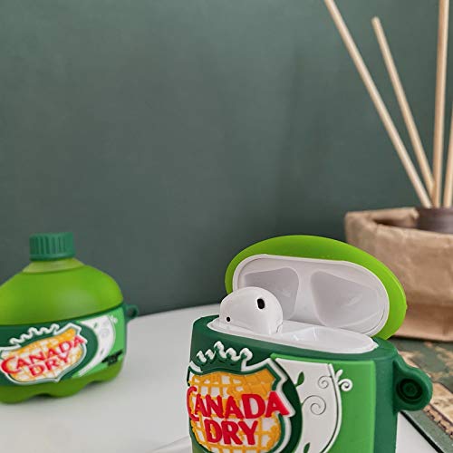 Ultra Thick Soft Silicone Case for Apple AirPods Pro 2019 Generation with Keychain Hook Ginger Ale Green Bottle 3D Cartoon Food Shaped Cute Lovely Fun Funny Unique Creative Cool Kids Girls