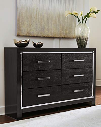 Signature Design by Ashley Kaydell Glam 6 Drawer Dresser with Faux Alligator Panels & Chrome-Tone Accents, Black