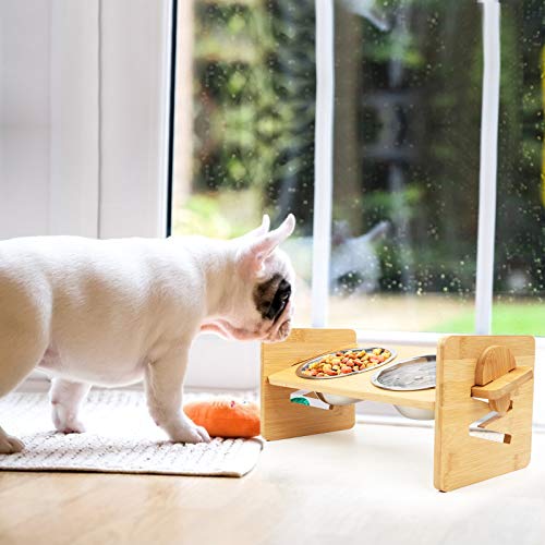 Elevated Dog Bowls,Adjustable 15° Tilted Slanted Raised Pet Food Water Feeder with Stainless Steel Bowl for Small Dogs Cat,French Bulldog Feeding Dishes with Bamboo Stand for Flat Face Puppy