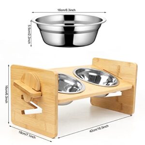 Elevated Dog Bowls,Adjustable 15° Tilted Slanted Raised Pet Food Water Feeder with Stainless Steel Bowl for Small Dogs Cat,French Bulldog Feeding Dishes with Bamboo Stand for Flat Face Puppy