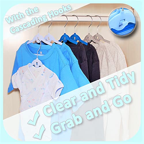 HozyFrozy Multi-Color Premium Kids Velvet Hangers with Mini Hooks, Pack of 30, Non-Slip Space Saving Cascading Clothes Hangers, Navy Blue, Light Blue and Grey, 10 Units Each