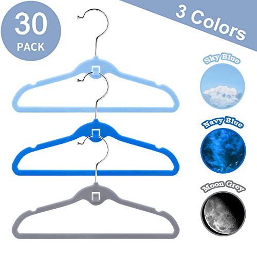 HozyFrozy Multi-Color Premium Kids Velvet Hangers with Mini Hooks, Pack of 30, Non-Slip Space Saving Cascading Clothes Hangers, Navy Blue, Light Blue and Grey, 10 Units Each