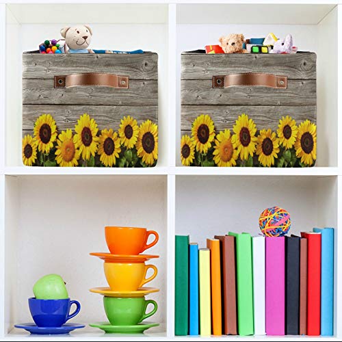 STAYTOP Large Storage Basket Autumn Sunflowers On Wooden Board Collapsible Toy Storage Bins Waterproof Laundry Basket with Handle,Used for Home Closets, Offices, Bedrooms 1PCS