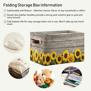 STAYTOP Large Storage Basket Autumn Sunflowers On Wooden Board Collapsible Toy Storage Bins Waterproof Laundry Basket with Handle,Used for Home Closets, Offices, Bedrooms 1PCS