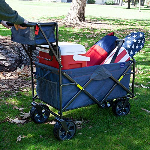 Mac Sports Utility Wagon Outdoor Heavy Duty Folding Cart Push Pull Collapsible with All Terrain Wheels and Handle Portable Lightweight Adjustable Folded Cart Landscape Wagon (Denim Blue)