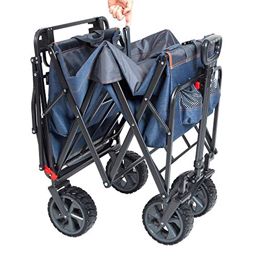 Mac Sports Utility Wagon Outdoor Heavy Duty Folding Cart Push Pull Collapsible with All Terrain Wheels and Handle Portable Lightweight Adjustable Folded Cart Landscape Wagon (Denim Blue)