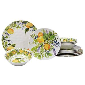 certified international lemon zest 12 pc melamine dinnerware set, service for 4, multicolor