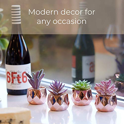 Nordik Set of 4 Desk Plants in Rose Gold - Office Decor for Women, Indoor, Living Room, Bedroom, Home and Desk Decor – Pink Faux Succulents Geometric Ceramic Planters