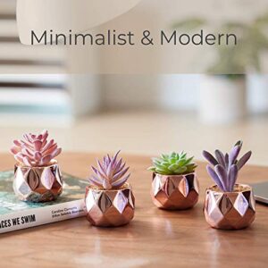 Nordik Set of 4 Desk Plants in Rose Gold - Office Decor for Women, Indoor, Living Room, Bedroom, Home and Desk Decor – Pink Faux Succulents Geometric Ceramic Planters