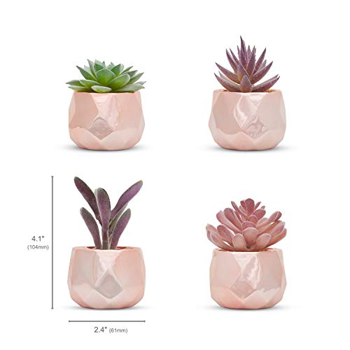 Nordik Set of 4 Desk Plants in Rose Gold - Office Decor for Women, Indoor, Living Room, Bedroom, Home and Desk Decor – Pink Faux Succulents Geometric Ceramic Planters