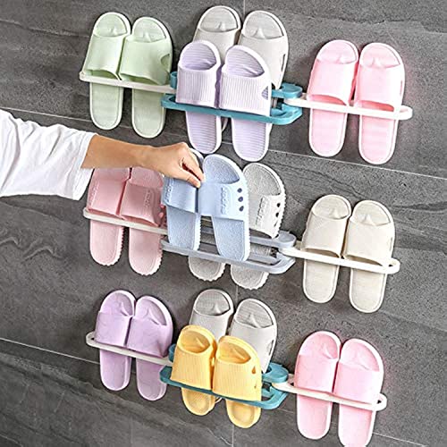 2PCS Bathroom Slippers Rack Wall Mounted Shoe 4in1Organizer Rack Folding Slippers Holder Shoes Hanger Punch-Free Storage Towel Racks (Blue)