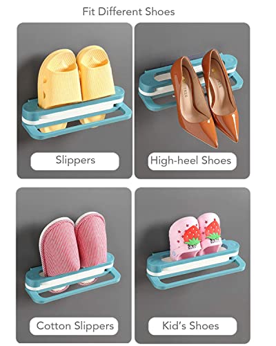 2PCS Bathroom Slippers Rack Wall Mounted Shoe 4in1Organizer Rack Folding Slippers Holder Shoes Hanger Punch-Free Storage Towel Racks (Blue)