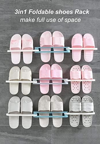 2PCS Bathroom Slippers Rack Wall Mounted Shoe 4in1Organizer Rack Folding Slippers Holder Shoes Hanger Punch-Free Storage Towel Racks (Blue)