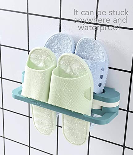 2PCS Bathroom Slippers Rack Wall Mounted Shoe 4in1Organizer Rack Folding Slippers Holder Shoes Hanger Punch-Free Storage Towel Racks (Blue)