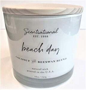 natural coconut + beeswax scented candle beach day white jar with wooden lid, 26 oz.