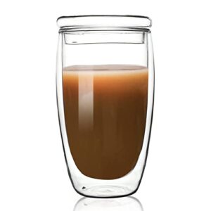 zhmtang 1 piece of double-walled borosilicate glass mug tumbler for coffee, milk, tea (15 oz glass lid)