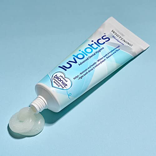 Luvbiotics Whitening Toothpaste with Probiotics & Xylitol promotes good bacteria for whiter teeth, fresh breath & healthy gums.Free from SLS, Parabens, Artificial Colours/Flavours/Sweeteners 75ml Tube