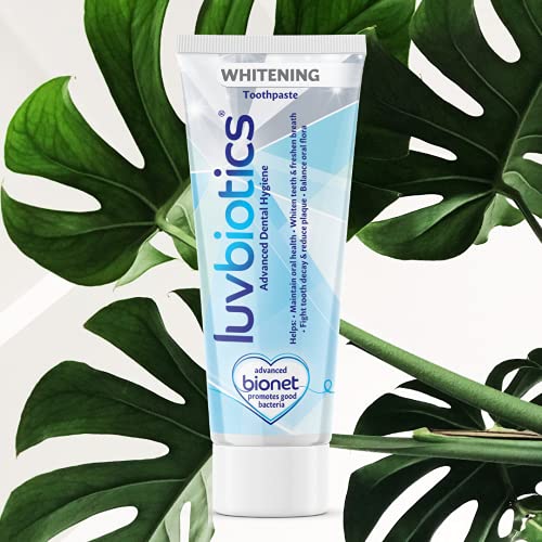 Luvbiotics Whitening Toothpaste with Probiotics & Xylitol promotes good bacteria for whiter teeth, fresh breath & healthy gums.Free from SLS, Parabens, Artificial Colours/Flavours/Sweeteners 75ml Tube