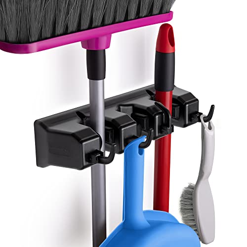 Zulay Home Mop and Broom Organizer Wall Mount - Easy to Install Mop and Broom Holder Wall Mount for Storing Cleaning Supplies - Organizer Utility Racks Mop Holder and Broom Hanger (3 Slots, Black)