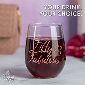 On The Rox Drinks 50th Birthday Stemless Wine Glass for Women - 50 & Fabulous- 50 Year Old Wine Glass Birthday Gift- Rose Gold Print Perfect for Women, Mom, Friend, Sister Turning Fifty - 17 oz