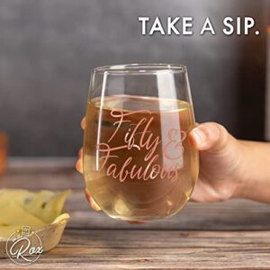 On The Rox Drinks 50th Birthday Stemless Wine Glass for Women - 50 & Fabulous- 50 Year Old Wine Glass Birthday Gift- Rose Gold Print Perfect for Women, Mom, Friend, Sister Turning Fifty - 17 oz