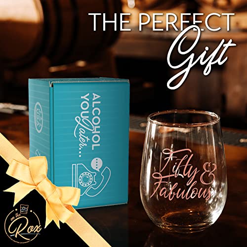 On The Rox Drinks 50th Birthday Stemless Wine Glass for Women - 50 & Fabulous- 50 Year Old Wine Glass Birthday Gift- Rose Gold Print Perfect for Women, Mom, Friend, Sister Turning Fifty - 17 oz