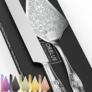 Orblue Wedding Cake Knife and Server Set - Premium, Beautifully Engraved Cutting Set - Elegant Keepsake for Newlyweds Silver