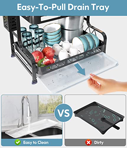 BOOSINY Dish Drying Rack for Kitchen Counter, 2 Tier Large Dish Drainers with Cup Holder and Utensil Holder, Dish Dryer Rack with Drainboard Set (304 Stainless Steel - Black)