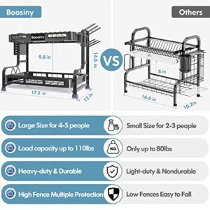 BOOSINY Dish Drying Rack for Kitchen Counter, 2 Tier Large Dish Drainers with Cup Holder and Utensil Holder, Dish Dryer Rack with Drainboard Set (304 Stainless Steel - Black)