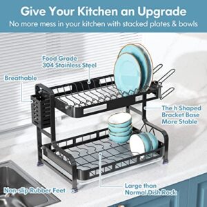 BOOSINY Dish Drying Rack for Kitchen Counter, 2 Tier Large Dish Drainers with Cup Holder and Utensil Holder, Dish Dryer Rack with Drainboard Set (304 Stainless Steel - Black)