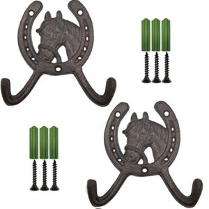 ronyoung 2pcs 4.5" horse head horseshoe western double cast iron wall hooks coat hook hat horse hook