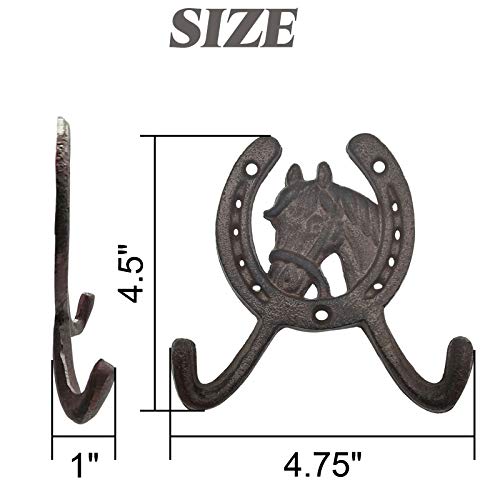 RONYOUNG 2PCS 4.5" Horse Head Horseshoe Western Double Cast Iron Wall Hooks Coat Hook Hat Horse Hook