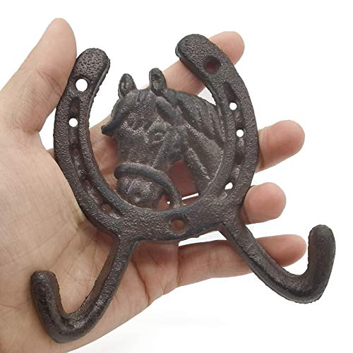 RONYOUNG 2PCS 4.5" Horse Head Horseshoe Western Double Cast Iron Wall Hooks Coat Hook Hat Horse Hook