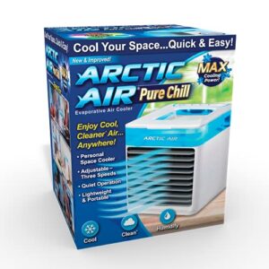 arctic air pure chill evaporative air cooler by ontel - powerful 3-speed personal space cooler, quiet, lightweight and portable for bedroom, office, living room & more