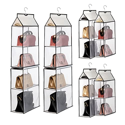 ANSTROUT Hanging Purse Handbag Organizer for Closet, Purse Organizer with 4 Mesh Shelves Handbag Closet Purse Storage Bag (White-2Pack)