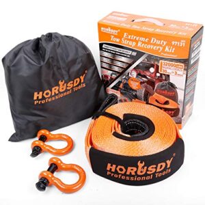 horusdy nylon heavy duty tow strap recovery strap with hooks 3" x 30ft - 32,000 lbs break strength, 3/4 d ring shackles (2pcs), recover your vehicle stuck in mud/snow.