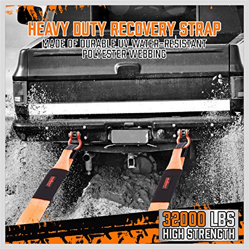 HORUSDY Nylon Heavy Duty Tow Strap Recovery Strap with Hooks 3" x 30Ft - 32,000 LBS Break Strength, 3/4 D Ring Shackles (2pcs), Recover Your Vehicle Stuck in Mud/Snow.