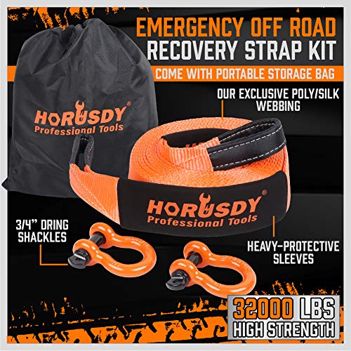 HORUSDY Nylon Heavy Duty Tow Strap Recovery Strap with Hooks 3" x 30Ft - 32,000 LBS Break Strength, 3/4 D Ring Shackles (2pcs), Recover Your Vehicle Stuck in Mud/Snow.