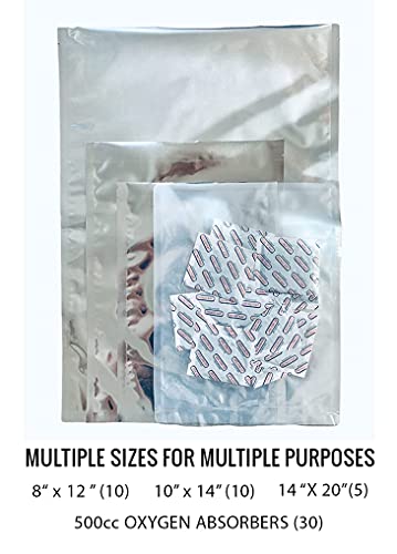 (25) Premium Quality 3 Size Mylar Bags for Food Storage (10 Mil) Thick Mylar Bags With Oxygen Absorbers 500cc for Bulk Food Preservation - Variety Pack, Quart, 1 Gallon, 2 Gallon Long Term Food Storage Bags (8 x12 Inch, 10 x 14 Inch, 14 x 20 Inch)